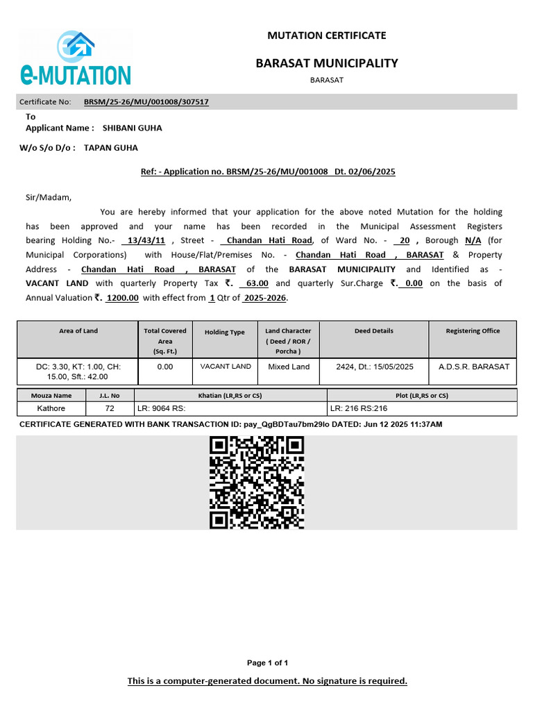 Shiban I Mutation Certificate | PDF | Taxes | Government Finances