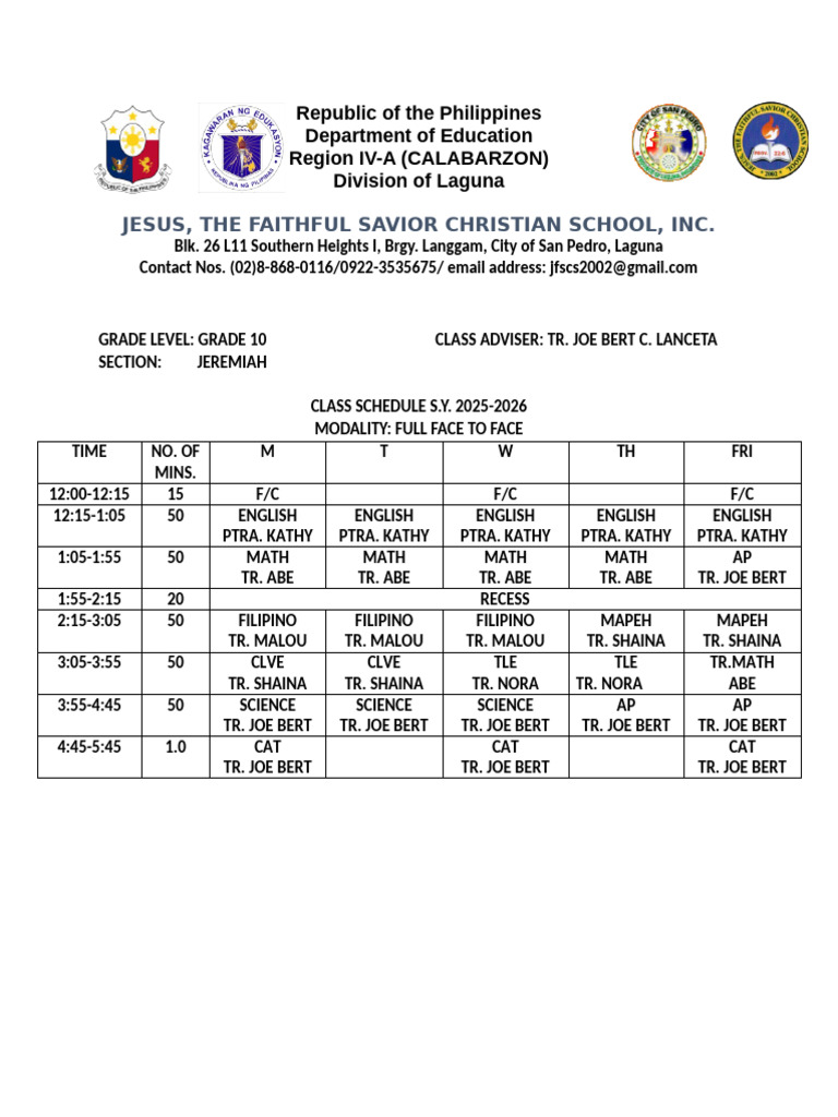 Grade 10 Class Schedule 2025-2026 | PDF
