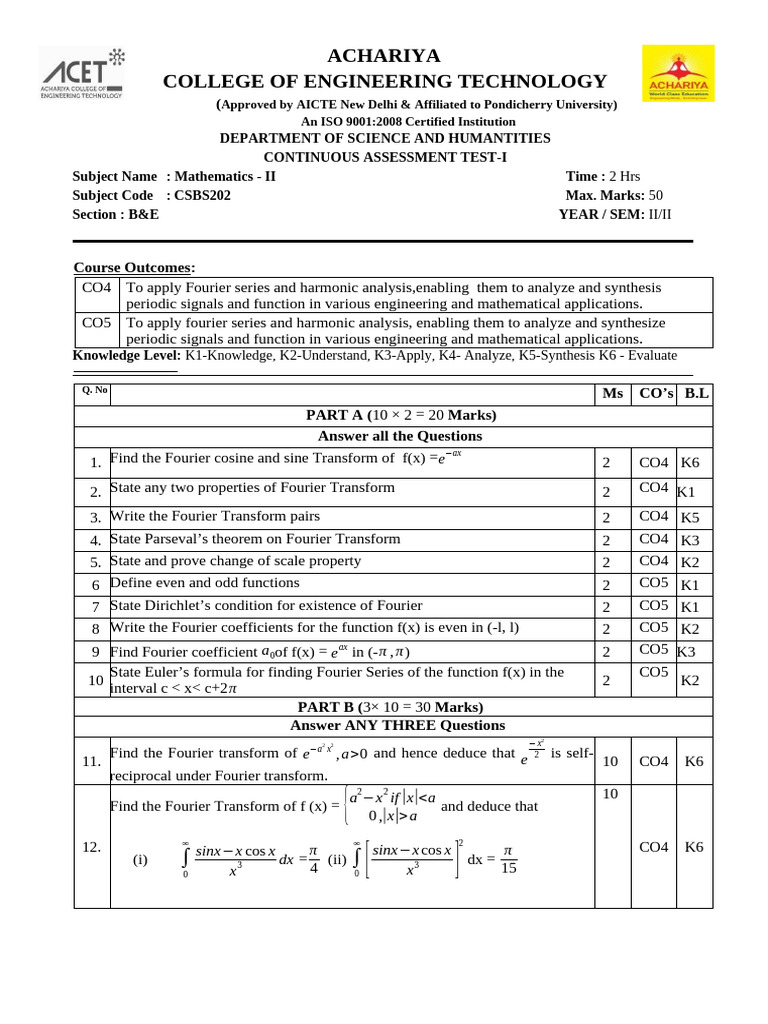 CAT-II For M-II | PDF | Fourier Series | Fourier Transform