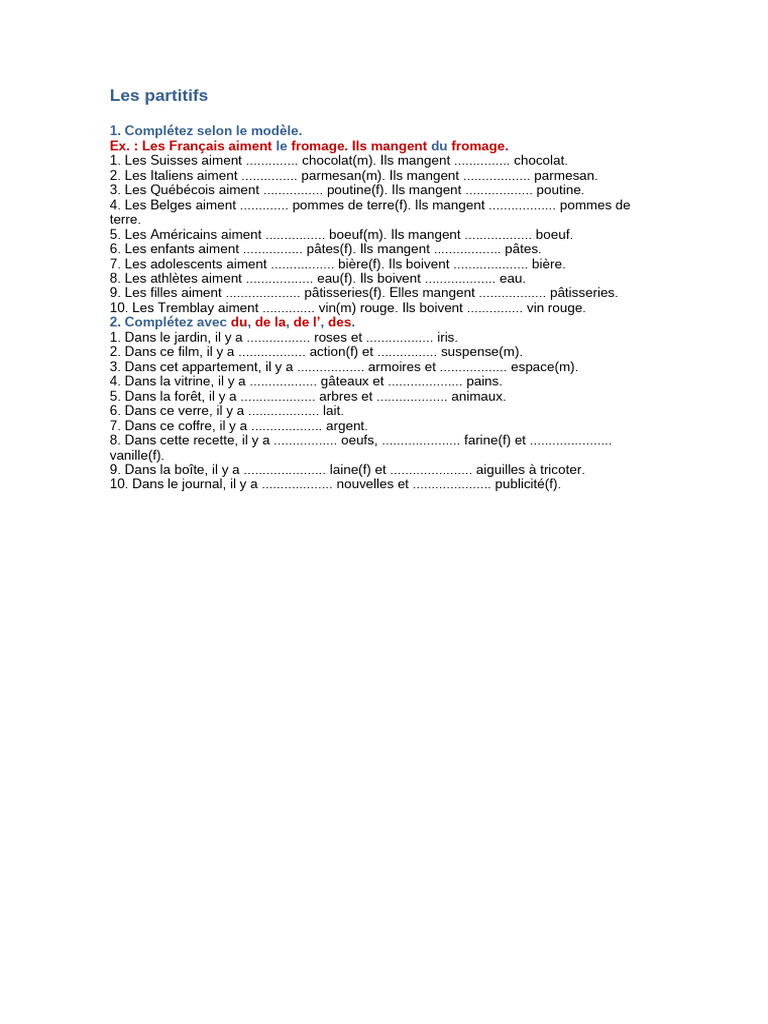 Exercices sur les articles partitifs | PDF