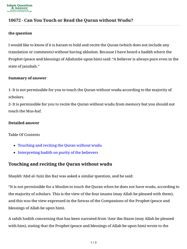 Can You Touch or Read The Quran Without Wudu | PDF | Quran | Islam