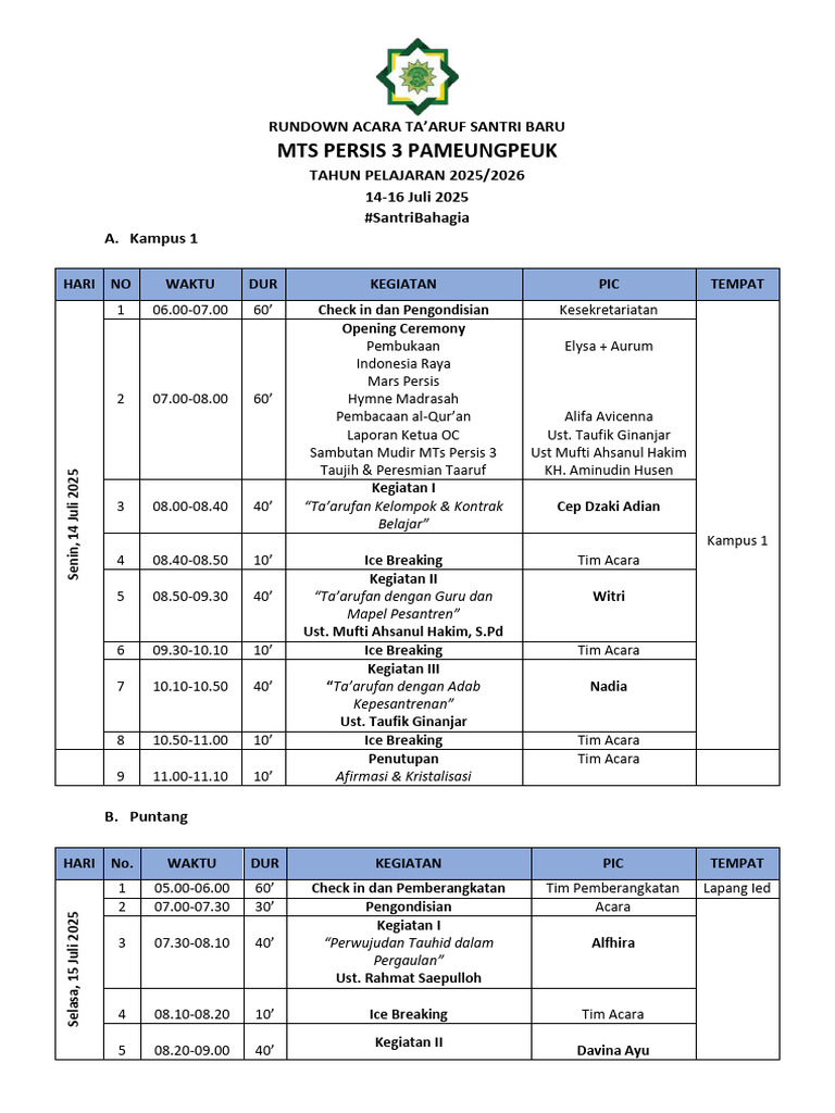 Rundown Acara Taaruf Santri Baru 2025 | PDF