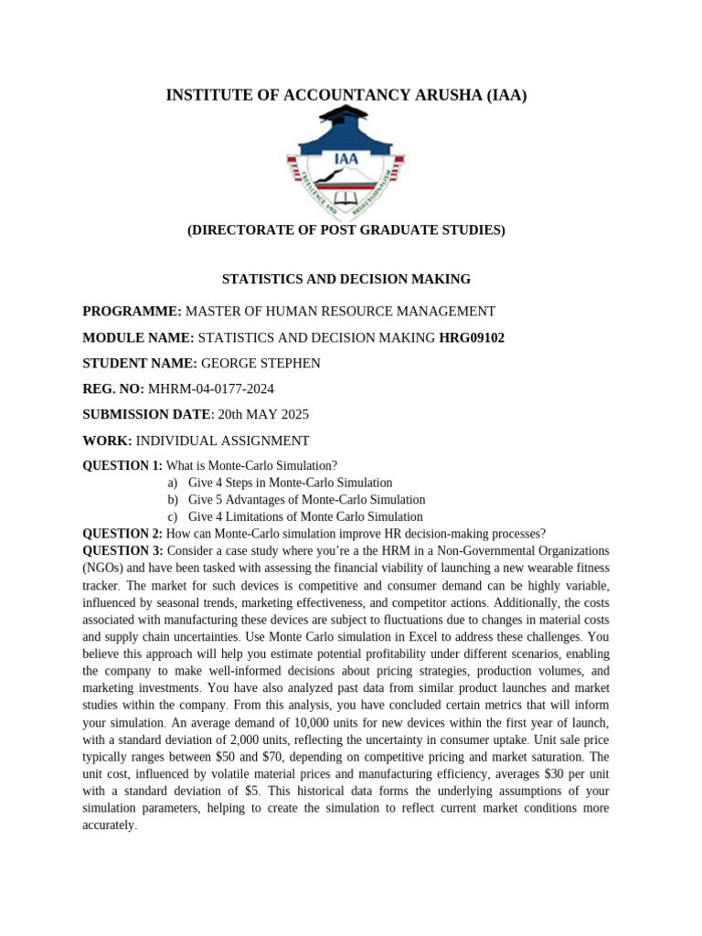 Individual Assignment Statistics | PDF | Monte Carlo Method | Simulation