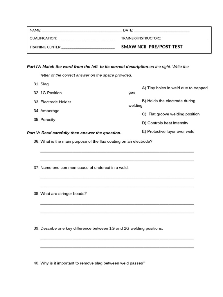 SMAW NCII Pre/Post-Test Questions | PDF | Welding | Construction