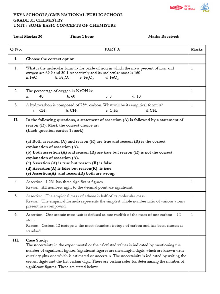 Grade XI Chemistry: Basic Concepts Quiz | PDF | Significant Figures | Gases