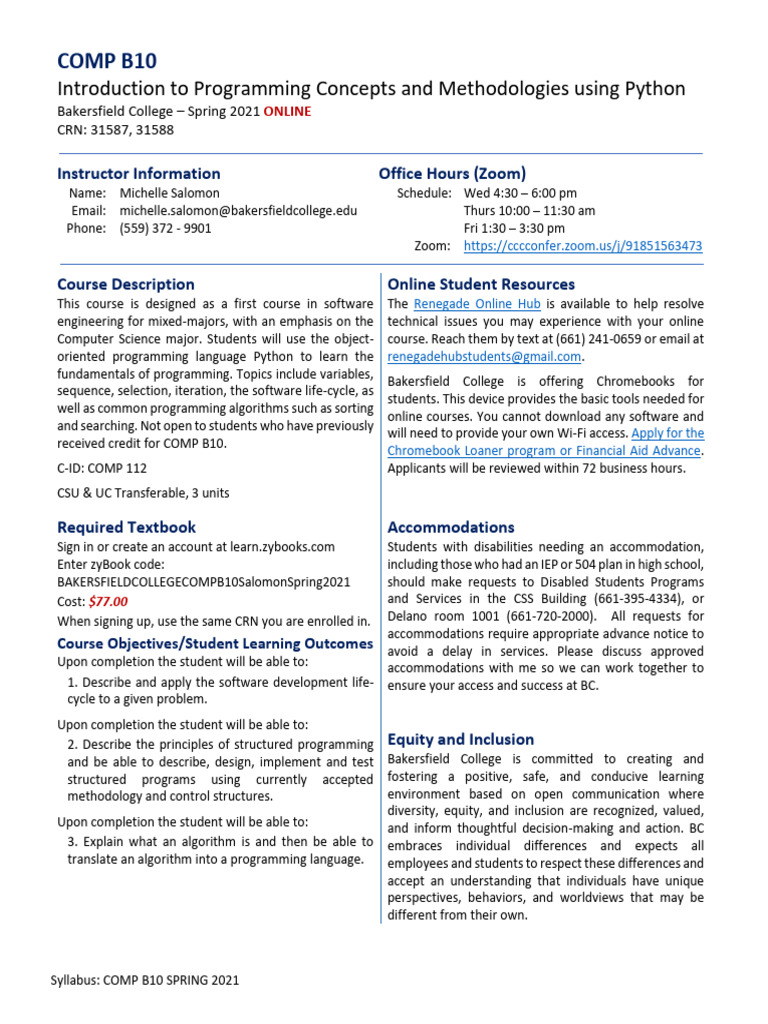 COMP B10 - Syllabus Spring 2021 | PDF | Educational Technology | Software