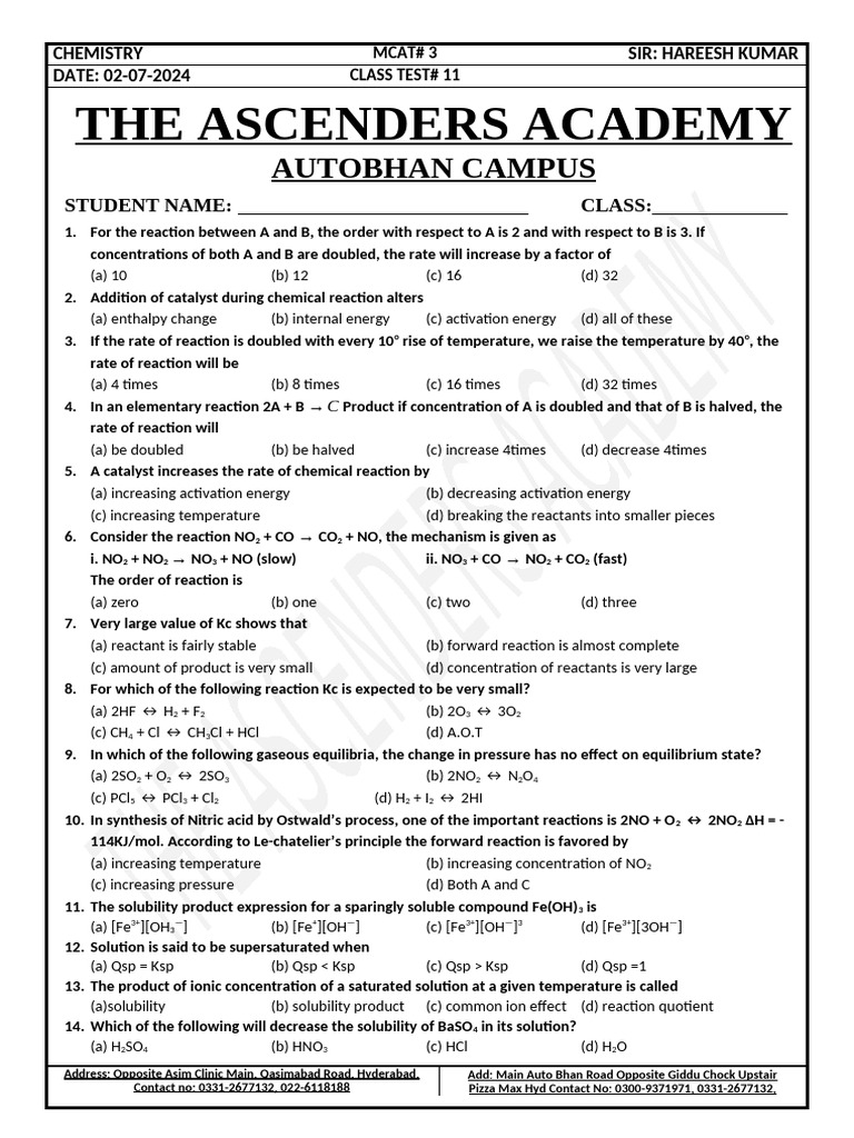 Chemical Kinetics & Equilibrium C.T# 11 Pending | PDF | Reaction Rate | Chemical Reactions