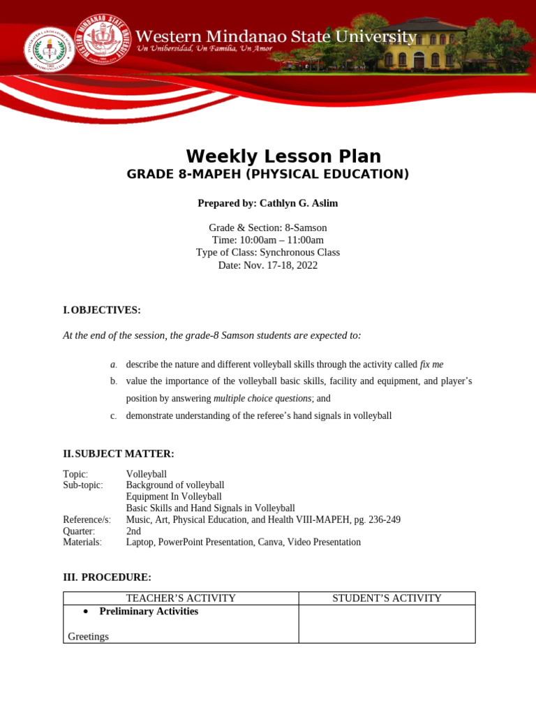 Grade 8 Volleyball Lesson Plan | PDF | Volleyball | Team Sports