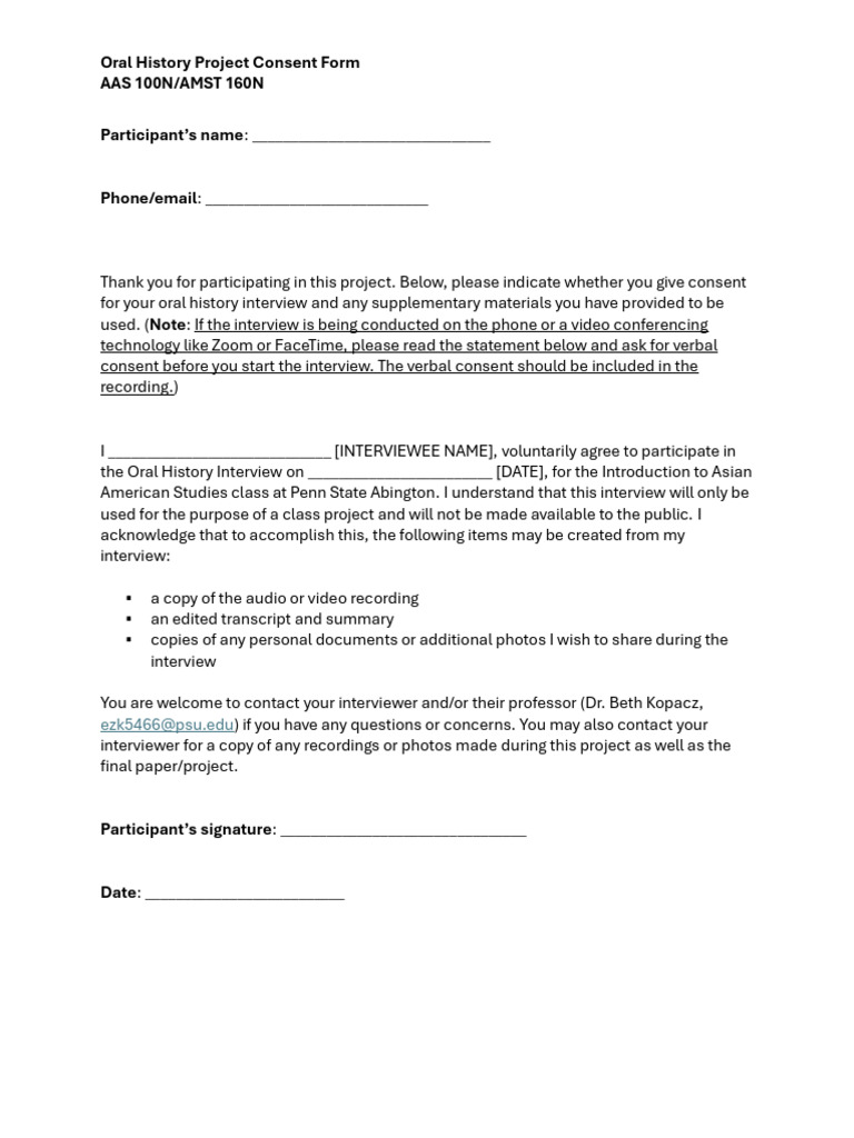 AAS 100-AMST 160 - Participant Consent Form | PDF