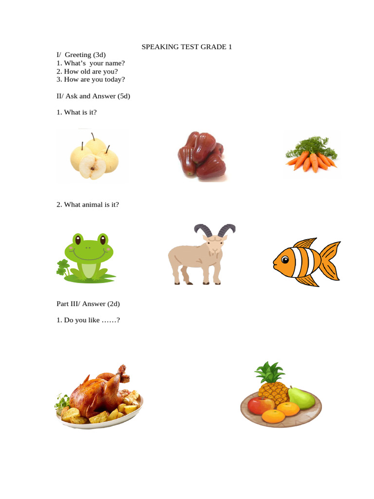 Speaking Test Grade 1 | PDF
