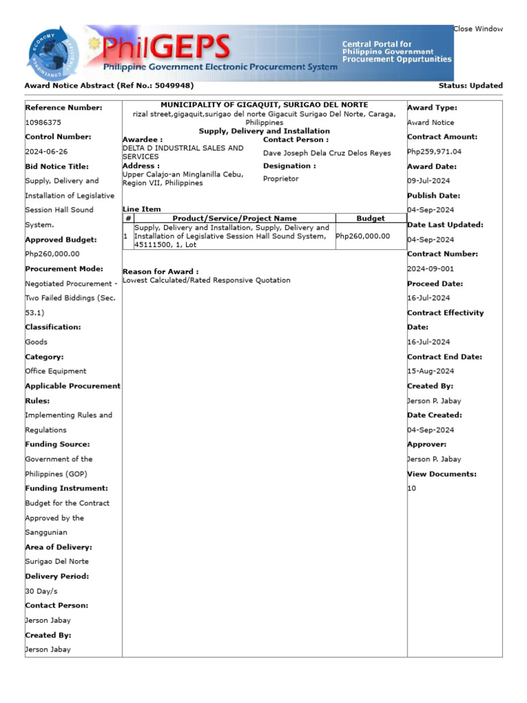 PhilGEPS NOA 2024-09-001 | PDF