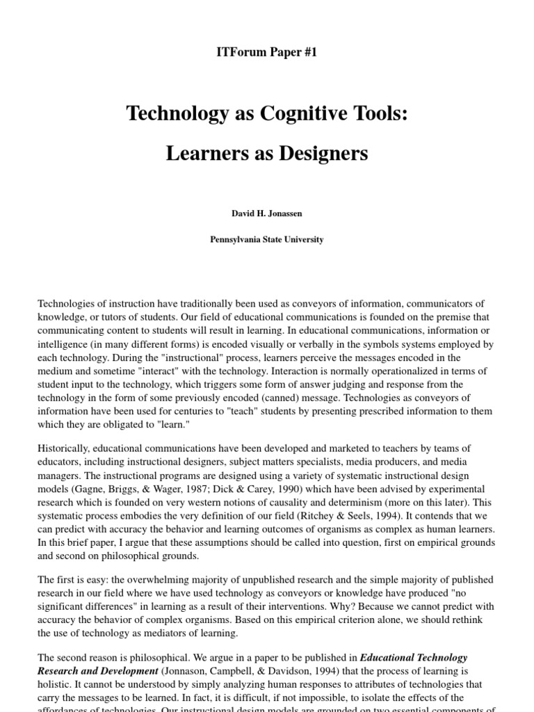 Technology as Cognitive Tools: Arguing for Learners as Designers Rather ...
