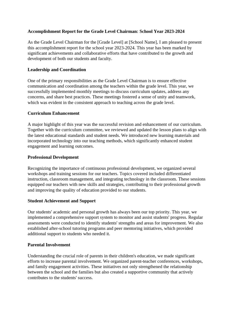 Grade Level Chairman Accomplishment Report 2023 | PDF | Curriculum ...