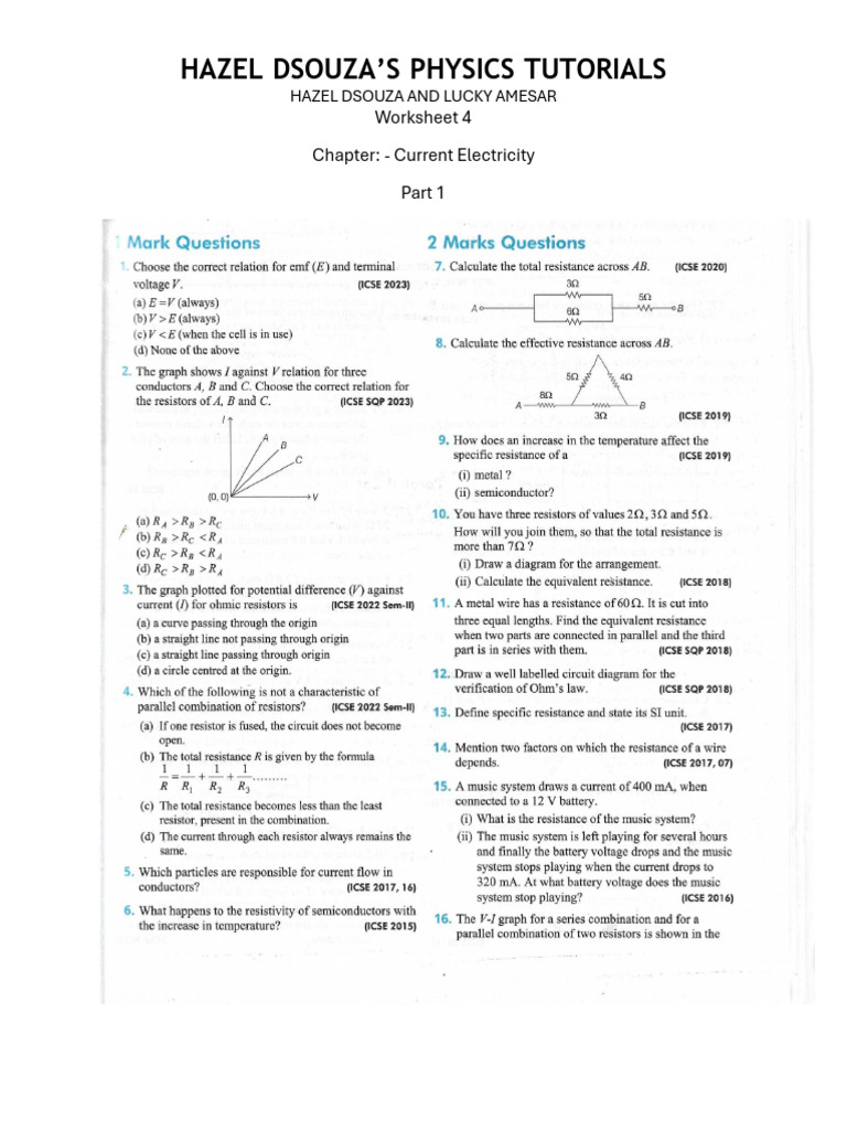 Worksheet 4 Current Electricity | PDF