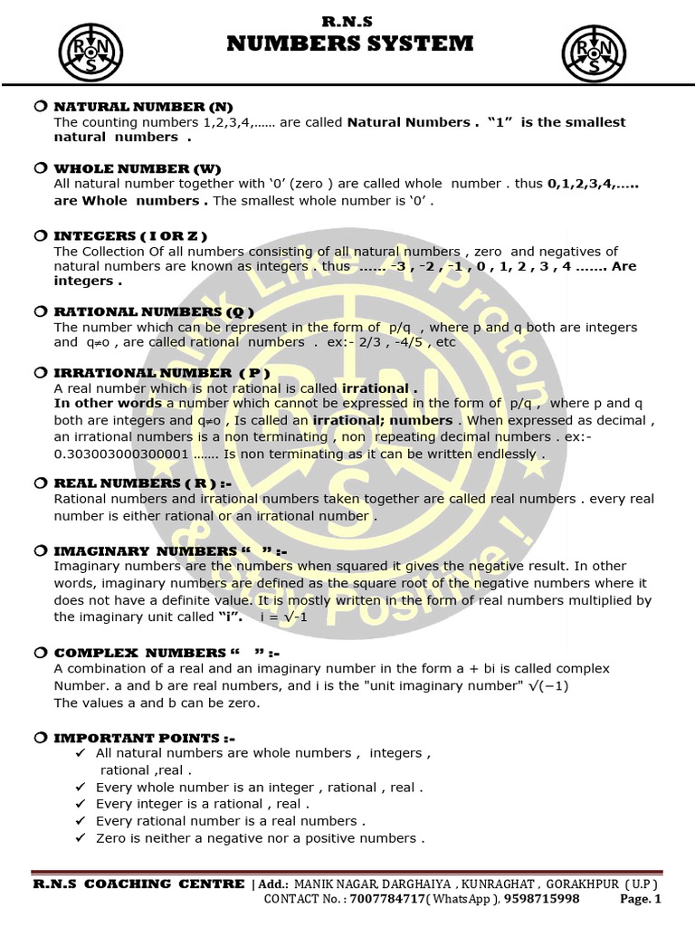 00 - Various Types of Numbers - Class-9th - Rns Classes | PDF | Numbers | Integer