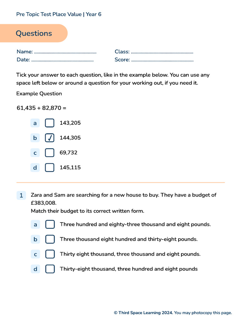 Year 6 Place Value Pre-Test Questions | PDF