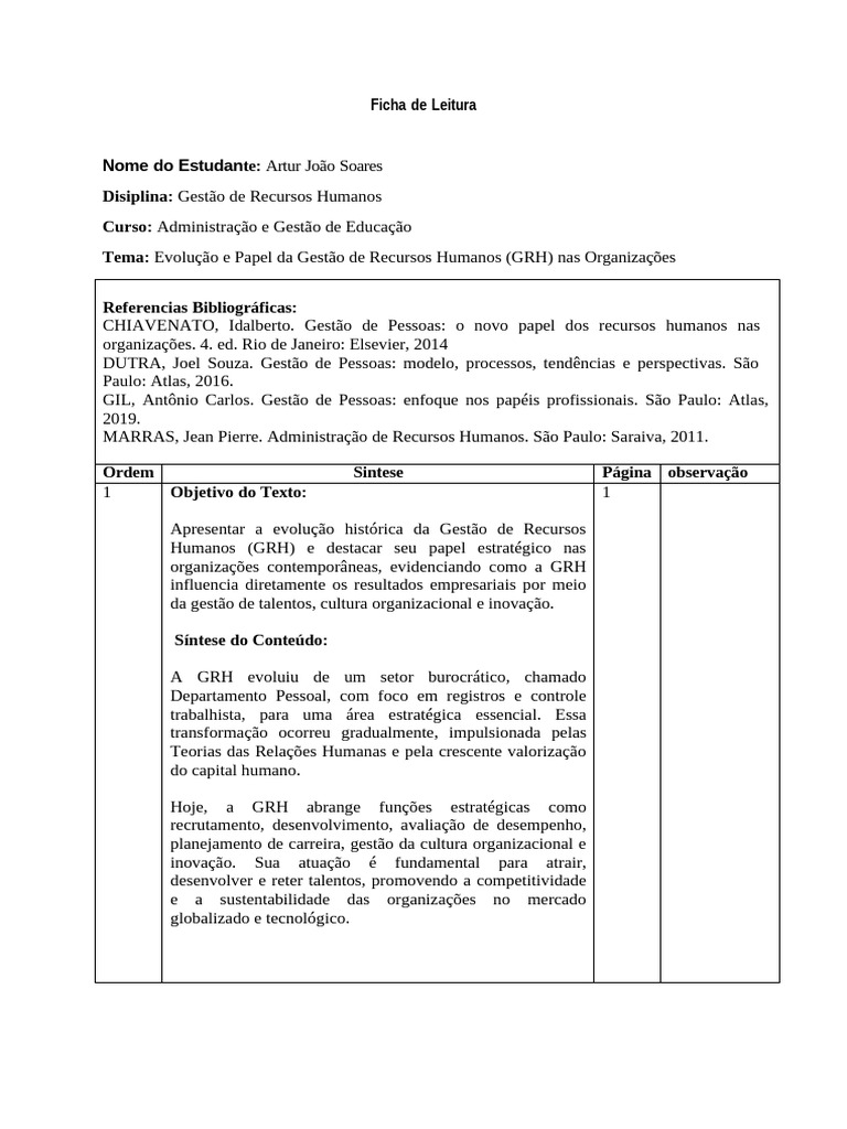 Ficha de Leitura de Gesao de Recursos Humanos | PDF | Gestão de recursos humanos | Business