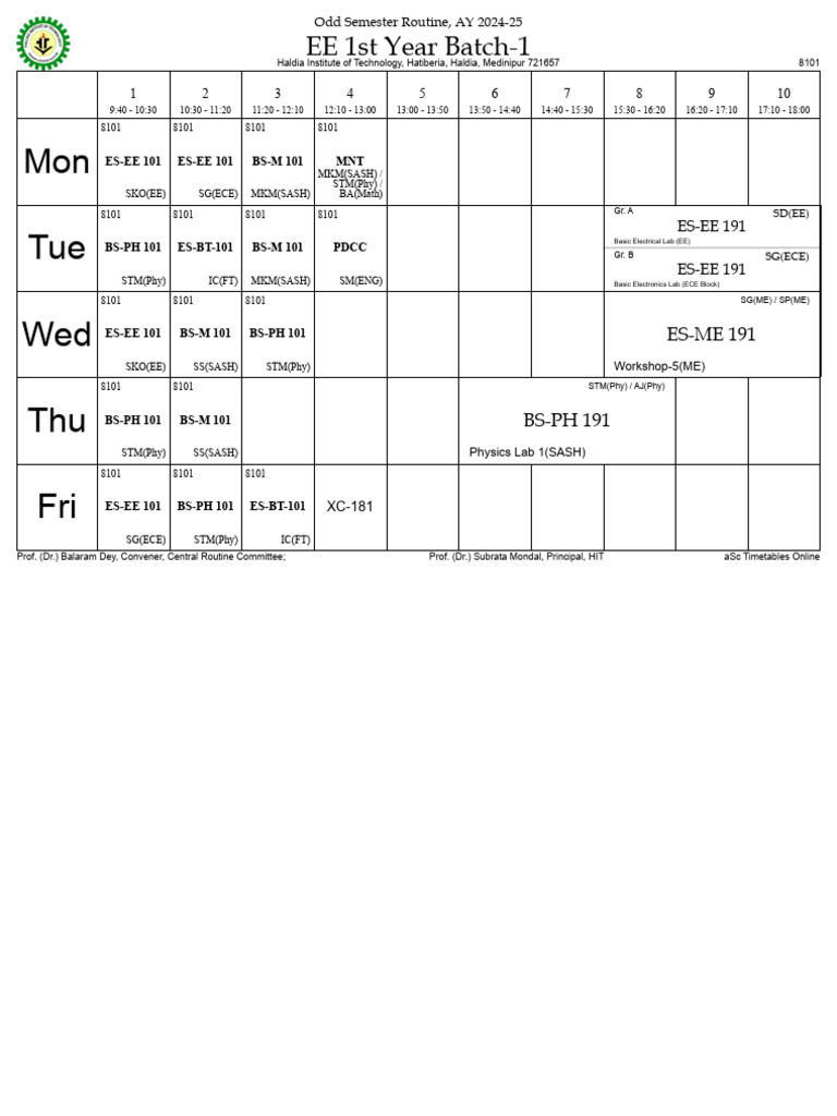 Routine - EE1 (1st Year) - 2024-25 | PDF