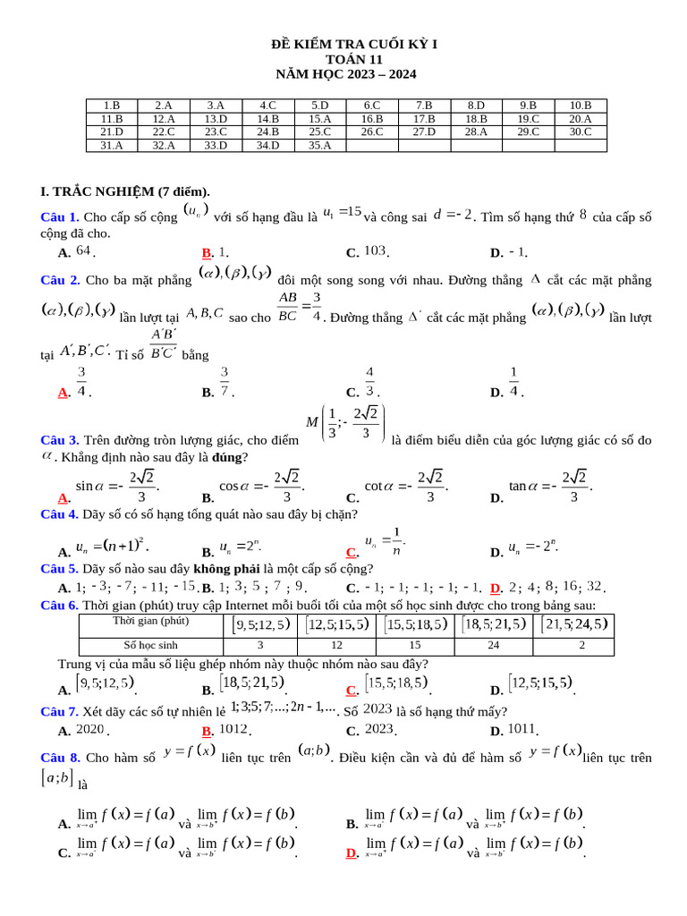 Toan 11 DE CK1 2324QH | PDF