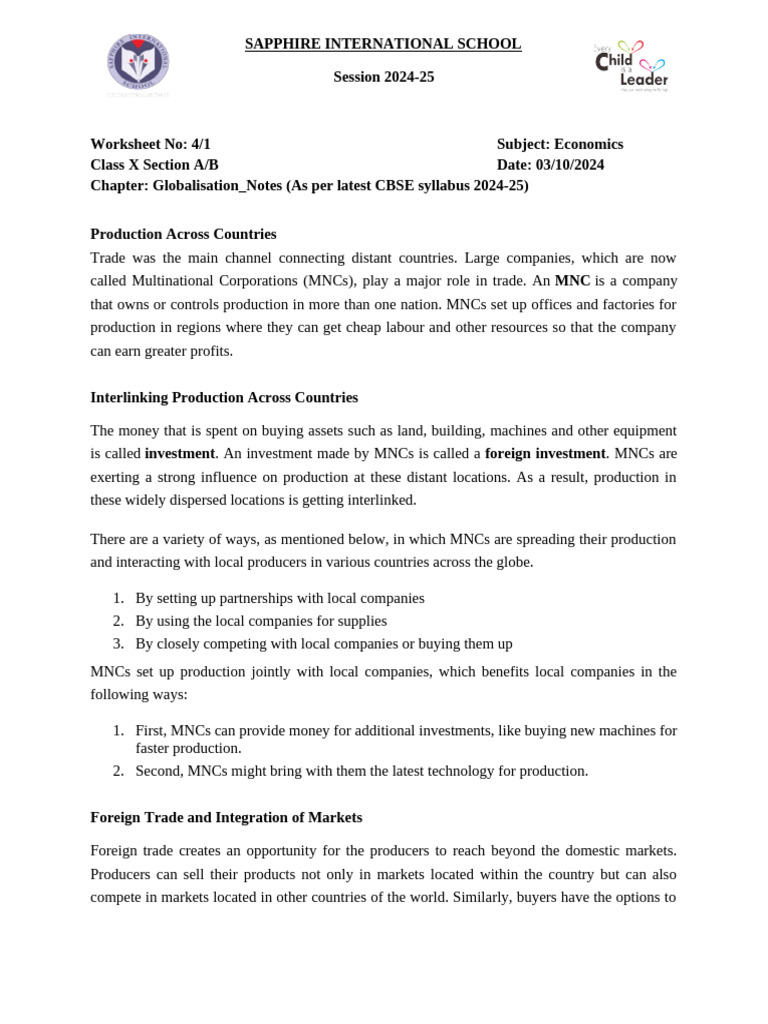 Globalisation Notes | PDF | Multinational Corporation | Globalization