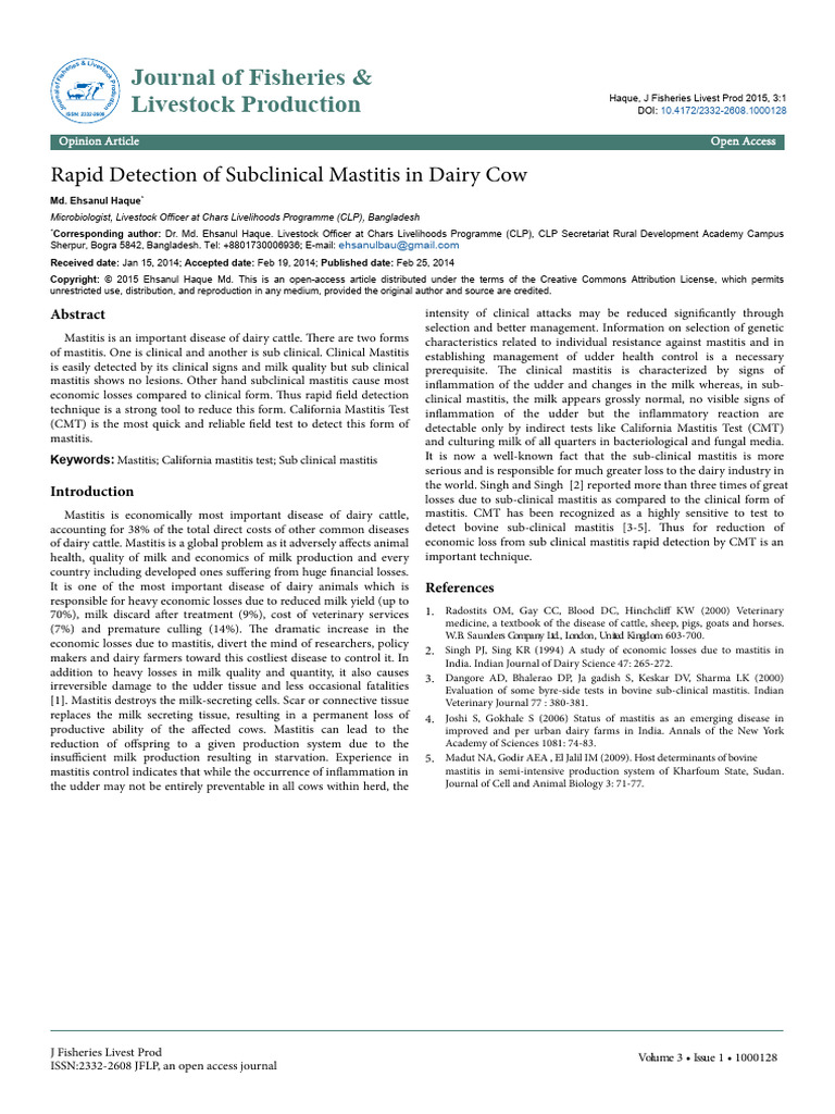 Rapid Subclinical Mastitis Detection | PDF | Dairy | Milk