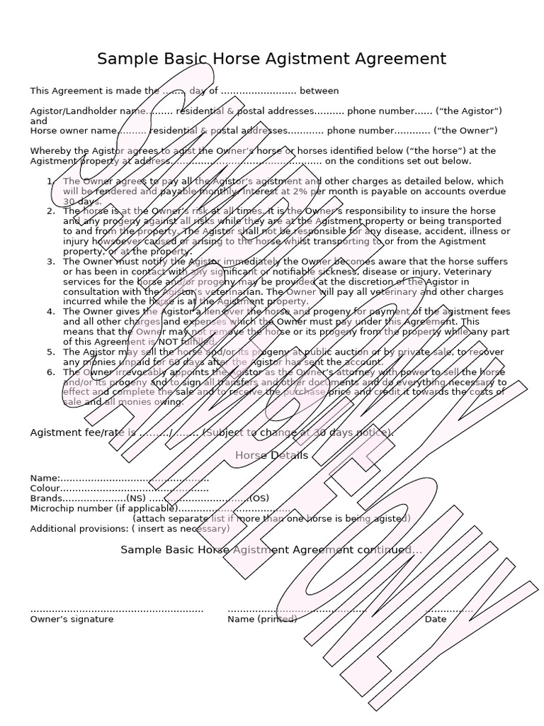 Sample Basic Horse Agistment Agreement | PDF
