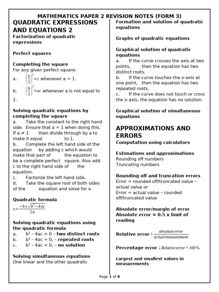 Form 3 Mathematics Revision Notes | PDF | Quadratic Equation | Equations