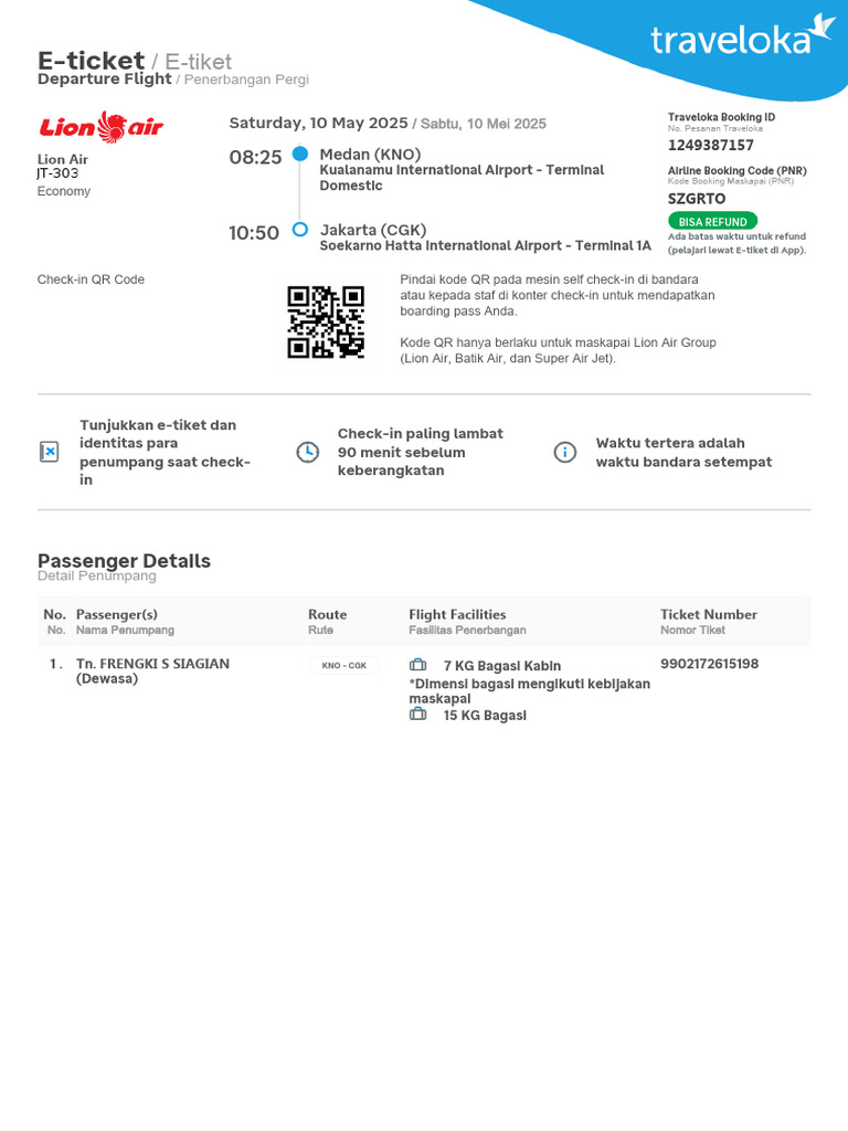 Flight#1 Frengki s Siagian Kno Szgrto Cgk Flight_originating | PDF