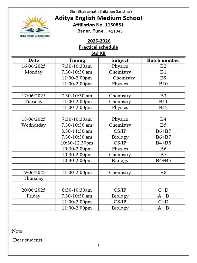 Practical Schedule 12th (25 - 26) 16th June Week | PDF