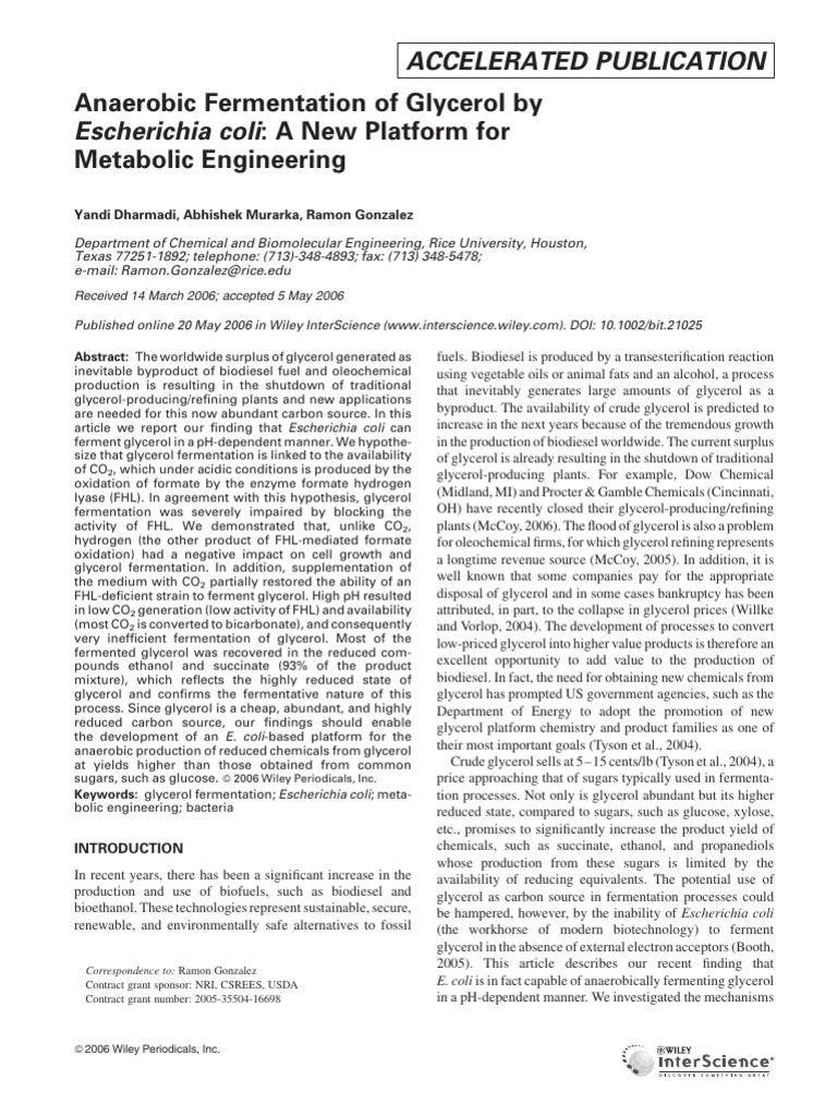 Anaerobic Fermentation of Glycerol by Escherichia Coli- A New Platform ...