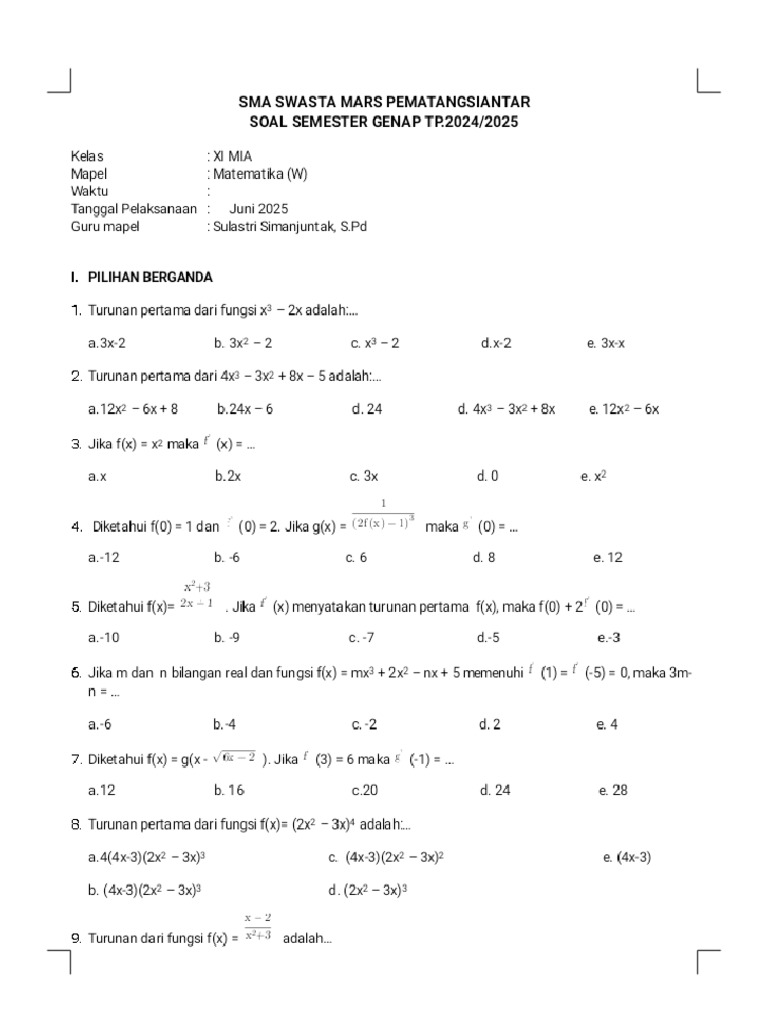Soal Semester Genap MM (W) XI MIA 2019 - Phoenix | PDF