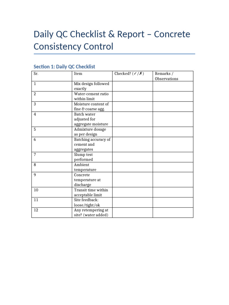 Daily Concrete QC Checklist | PDF