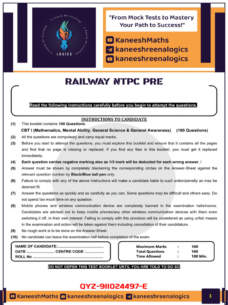 Kaneesh Maths Railway NTPC Pre 4 QYZ-911024497 E | PDF