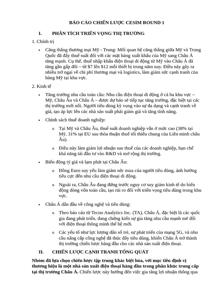 BÁO CÁO CHIẾN LƯỢC CESIM ROUND 1 | PDF