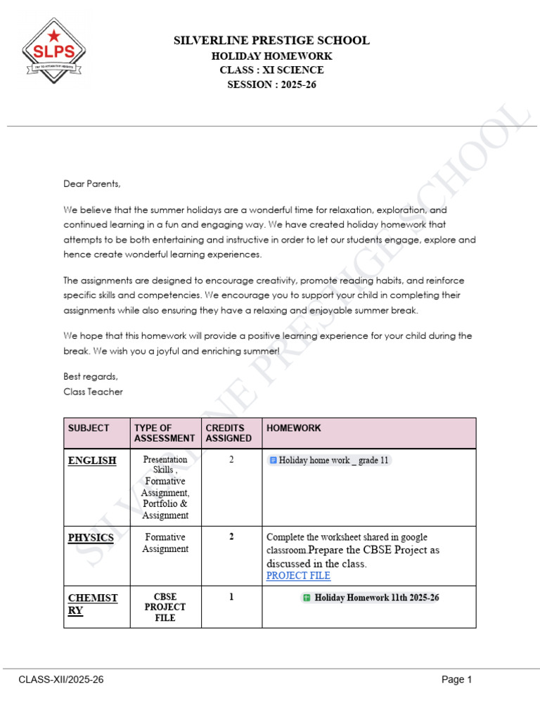 Class XI Science Holiday Homework 2025-26 | PDF | Homework | Behavior ...