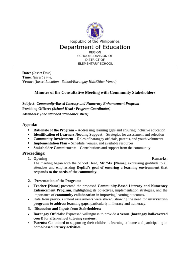 Community Literacy Program Meeting Minutes | PDF | Literacy | Learning