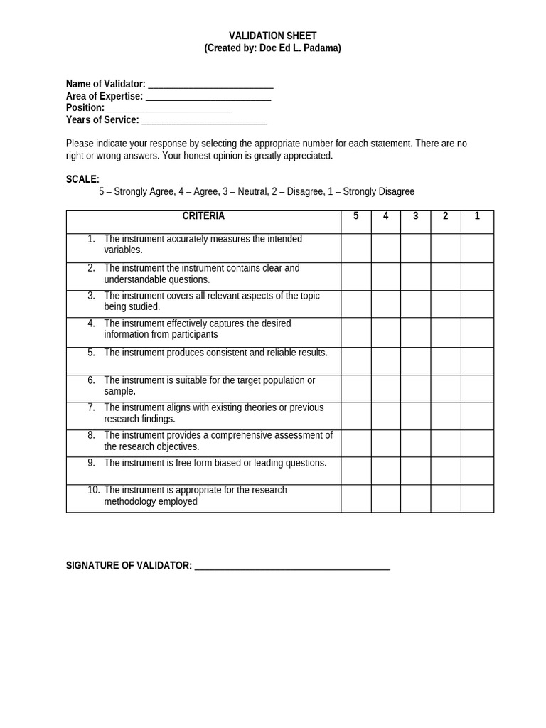 Questionnaire Validation Sheet | PDF