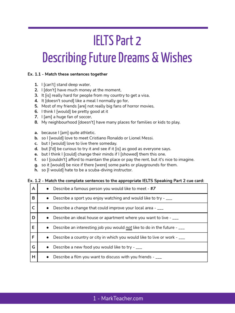 5 - IELTS Speaking Part 2 Worksheet Describe Future Dreams Advanced ...