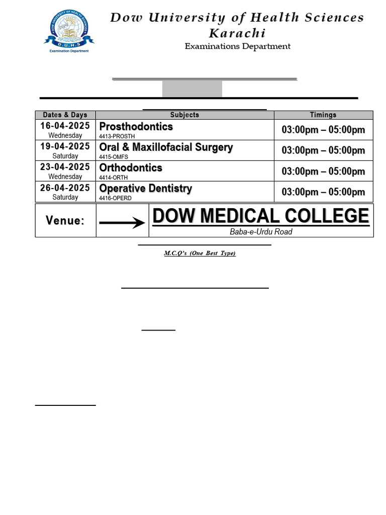Examination Program Final Year Bds Annual Exam 2024 | PDF | Dental Degree