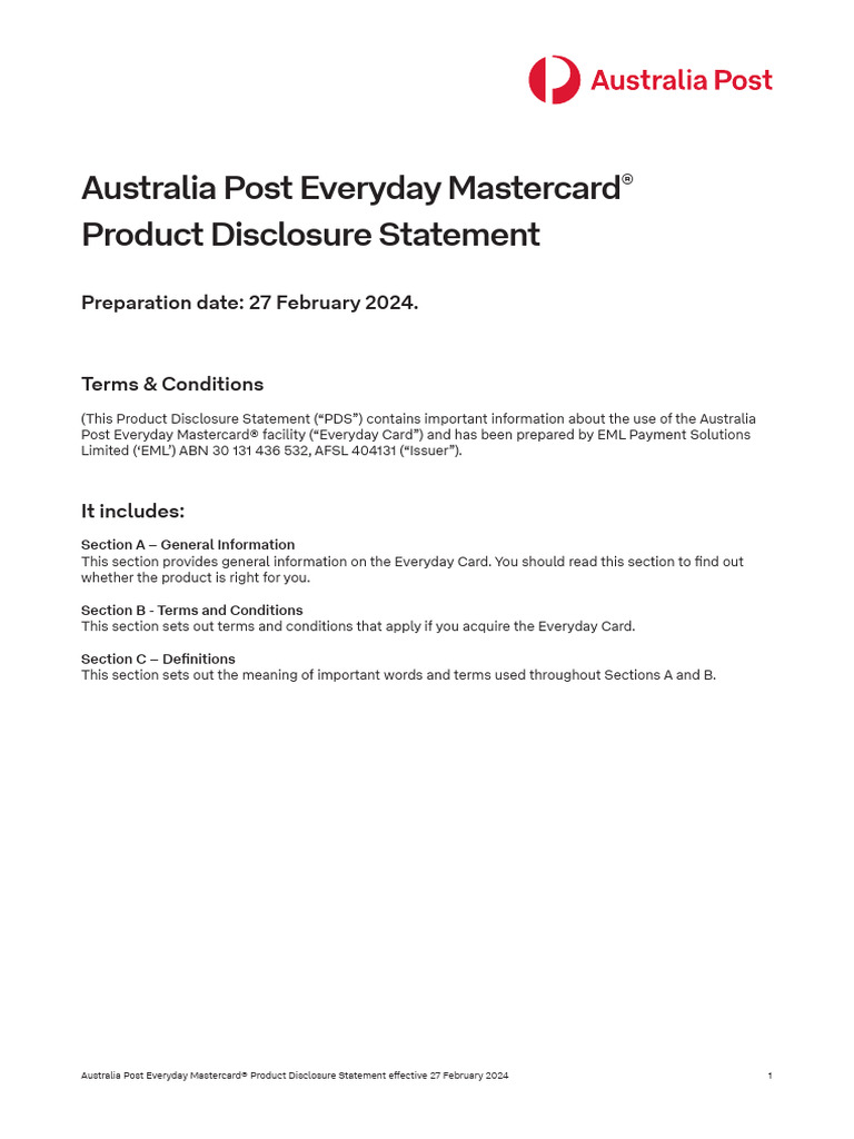 Australia Post Everyday Mastercard Product Disclosure Statement | PDF ...