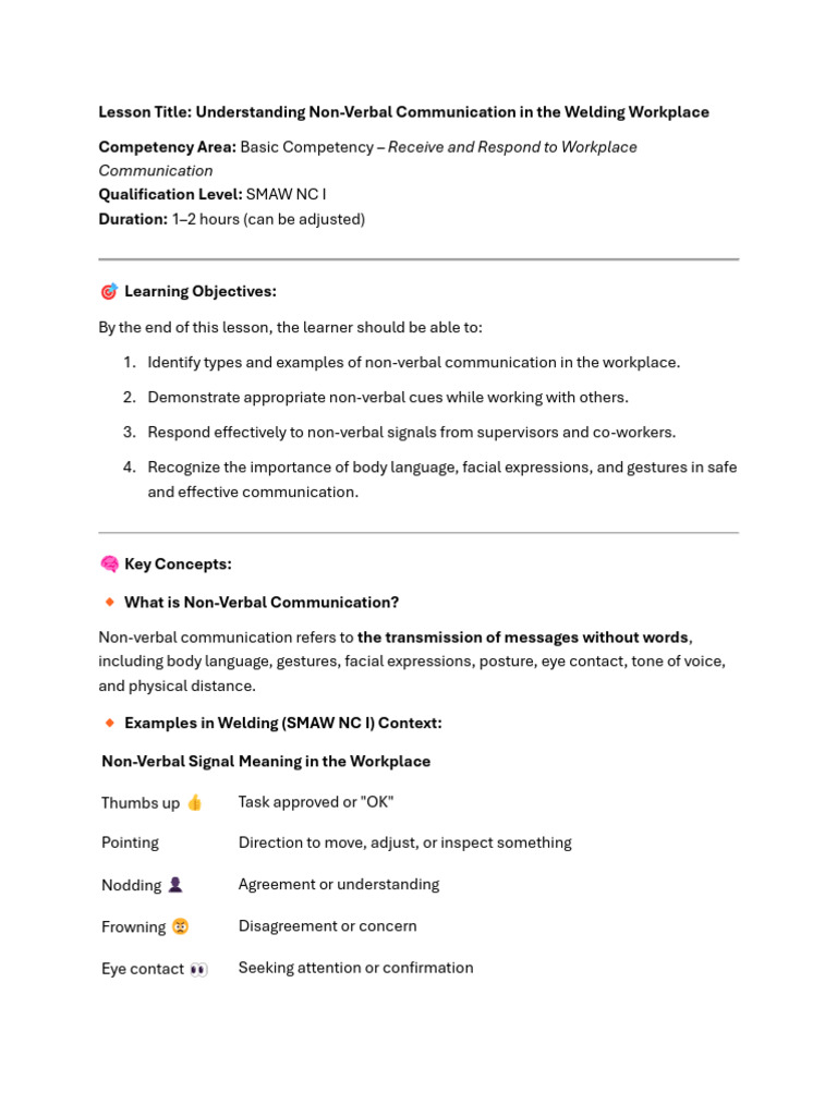 Non Verbal Communication Lesson in Welding SMAW NCI | PDF | Nonverbal ...