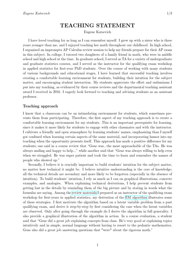 Teaching Statement Eugene Katsevich | PDF | Mathematics | Doctor Of ...