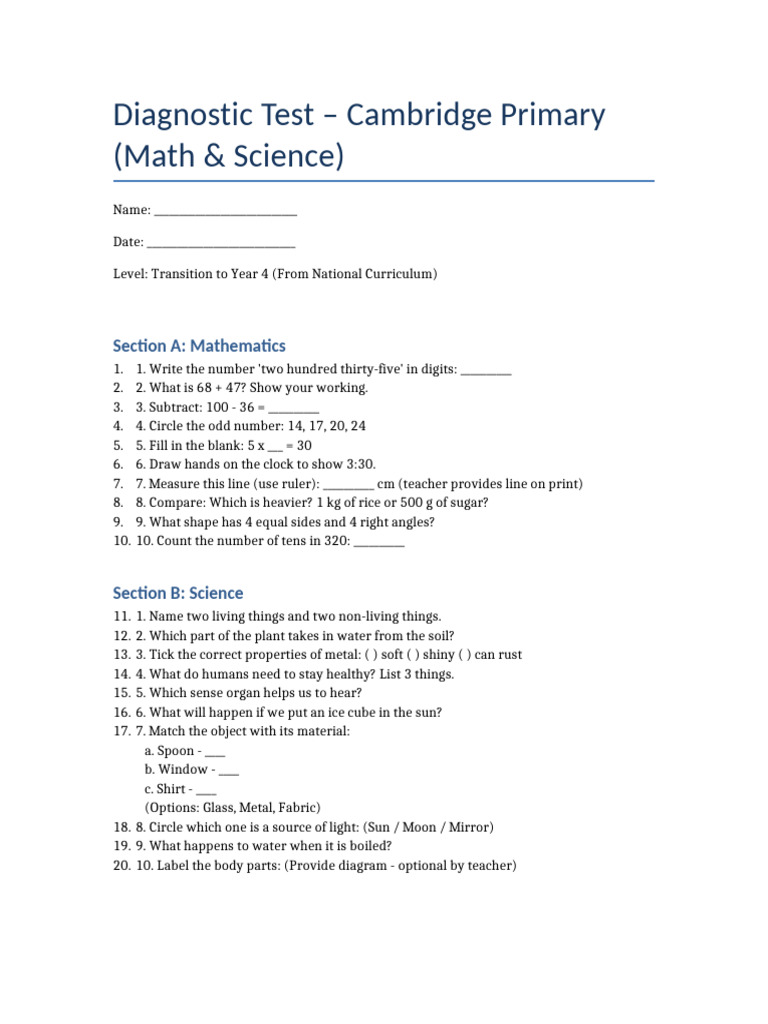 Cambridge Primary Diagnostic Test | PDF