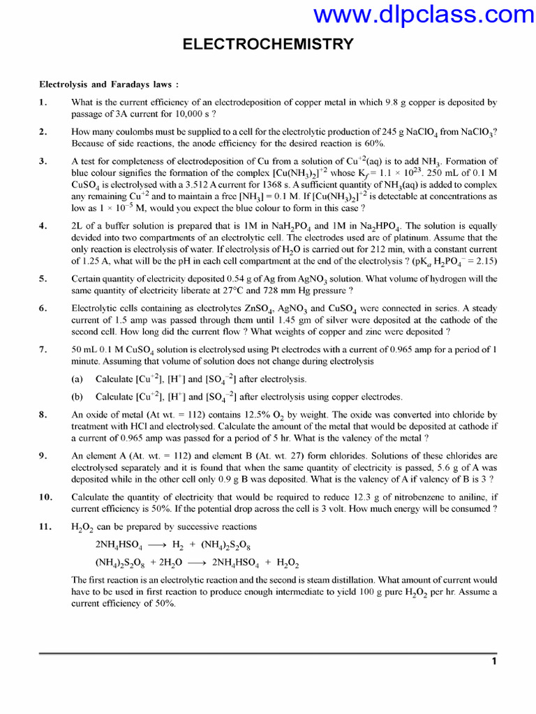 Electrochemistry Worksheet | PDF