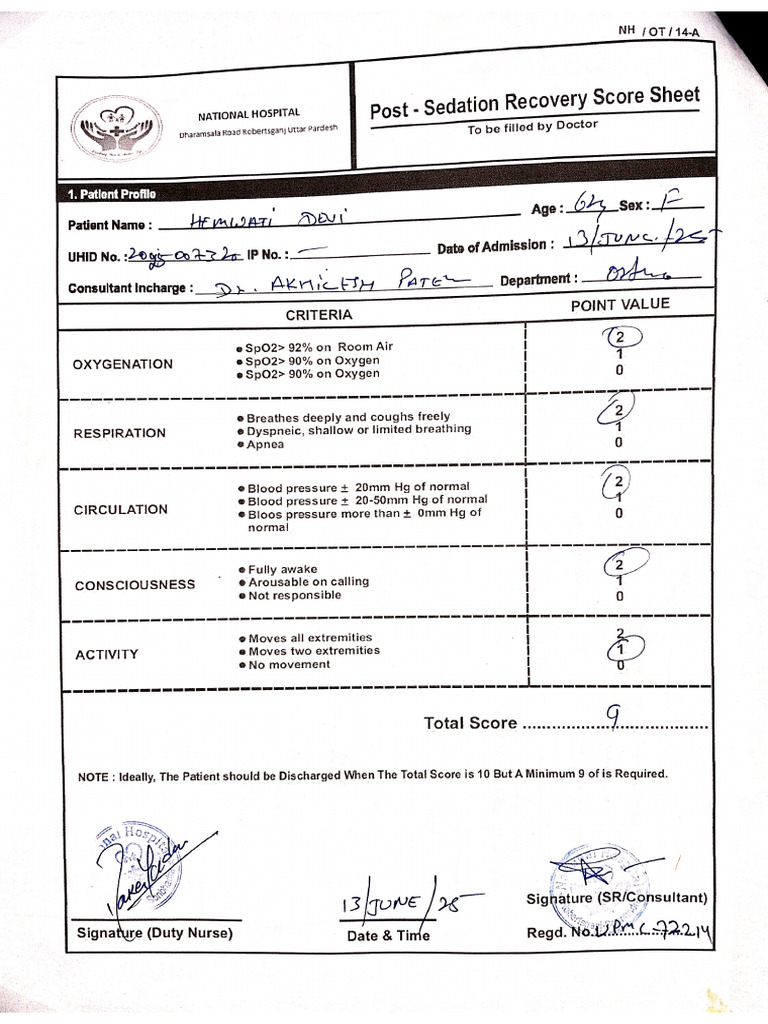 Post Sedation Recovery Score Sheet | PDF