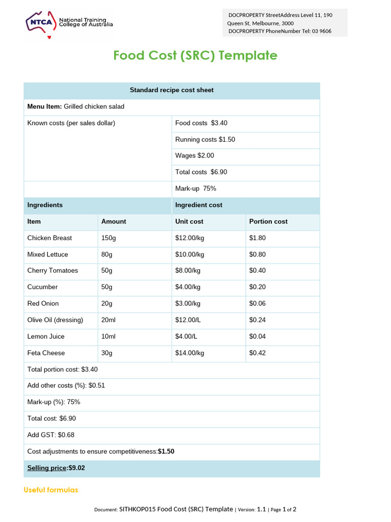 A La Carta - Grilled Chicken Salad - SITHKOP015 Food Cost (SRC ...