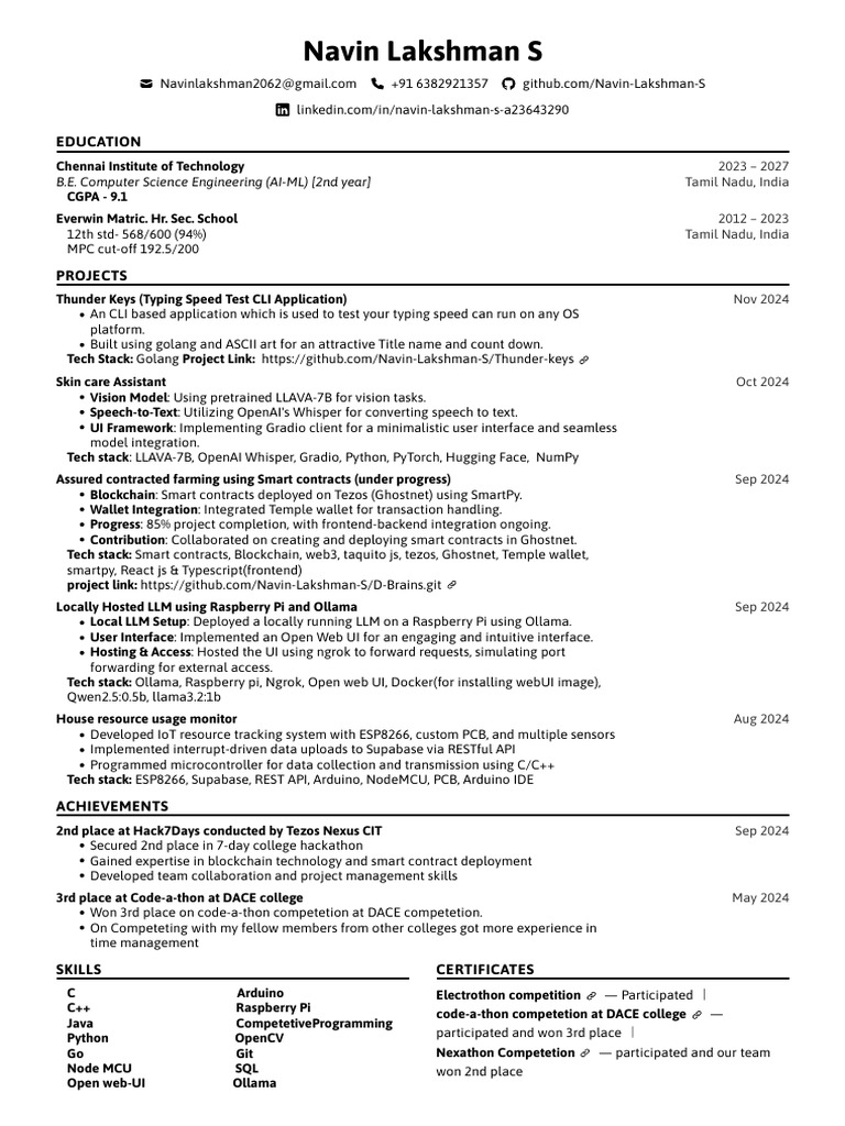 Navin Lakshman S Resume UP 1 | PDF | Arduino | Software