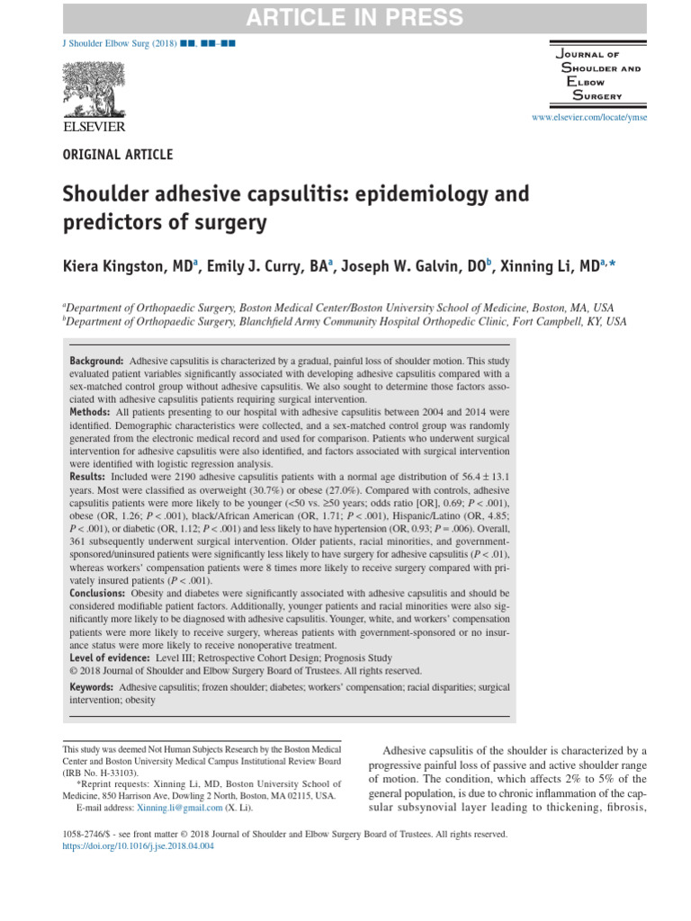 Shoulder Adhesive Capsulitis Jses | PDF | Diabetes | Human Diseases And ...