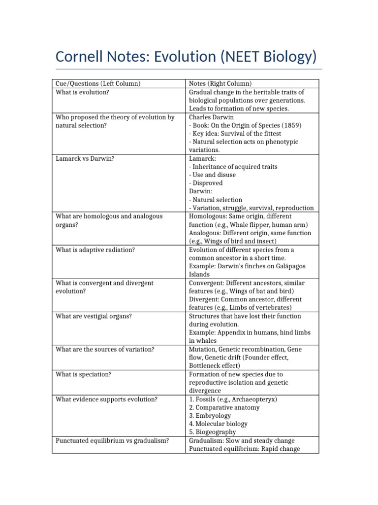 Evolution Cornell Notes | PDF | Evolution | Natural Selection