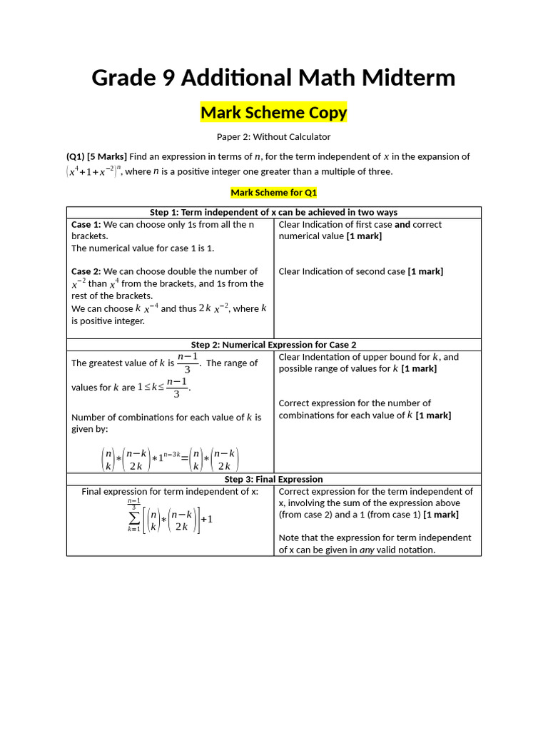 Grade 9 Math Midterm Mark Scheme | PDF | Quadratic Equation ...